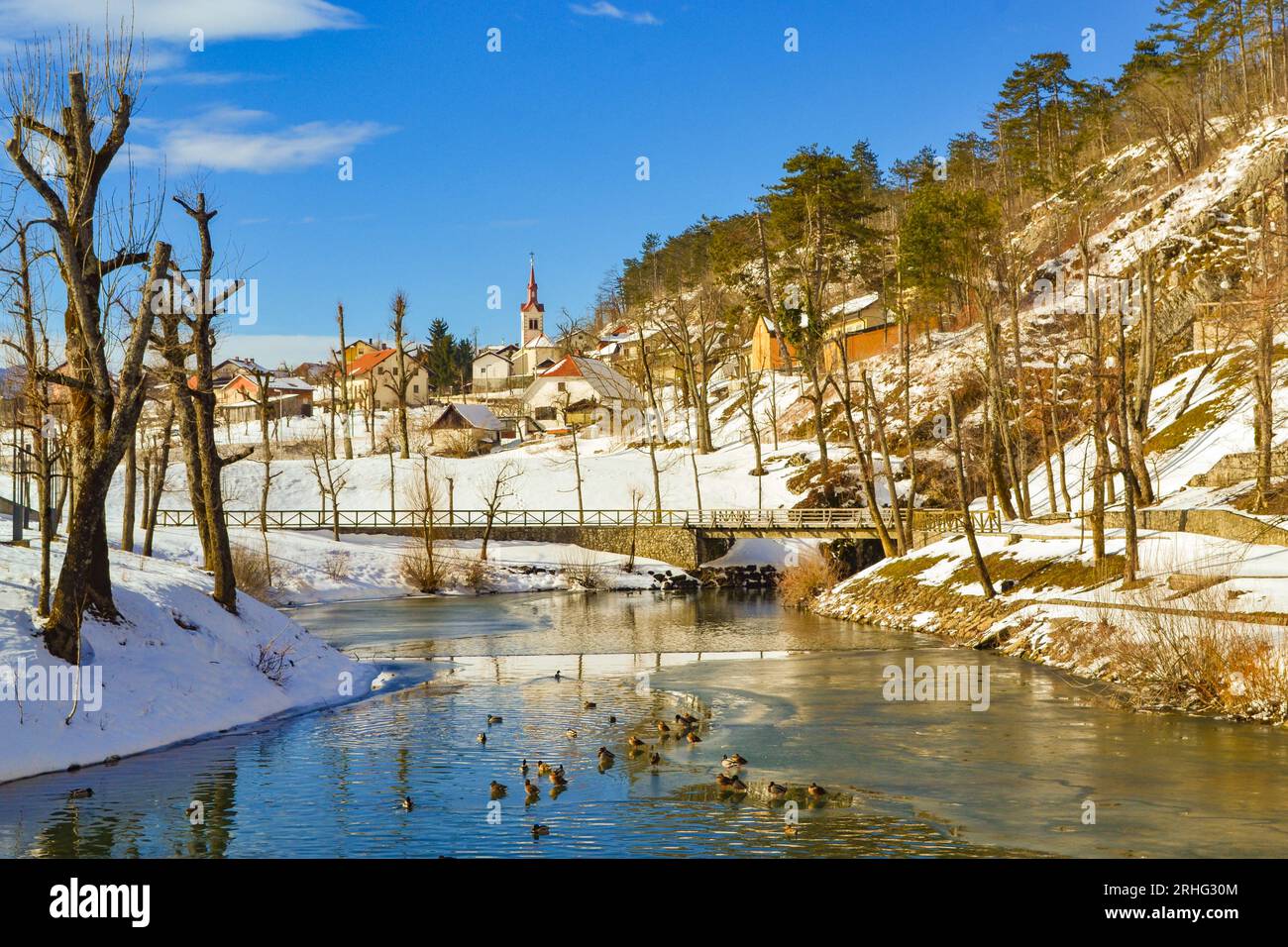 View of Pivka river park on nice winter day.It is a karst lost river in ...