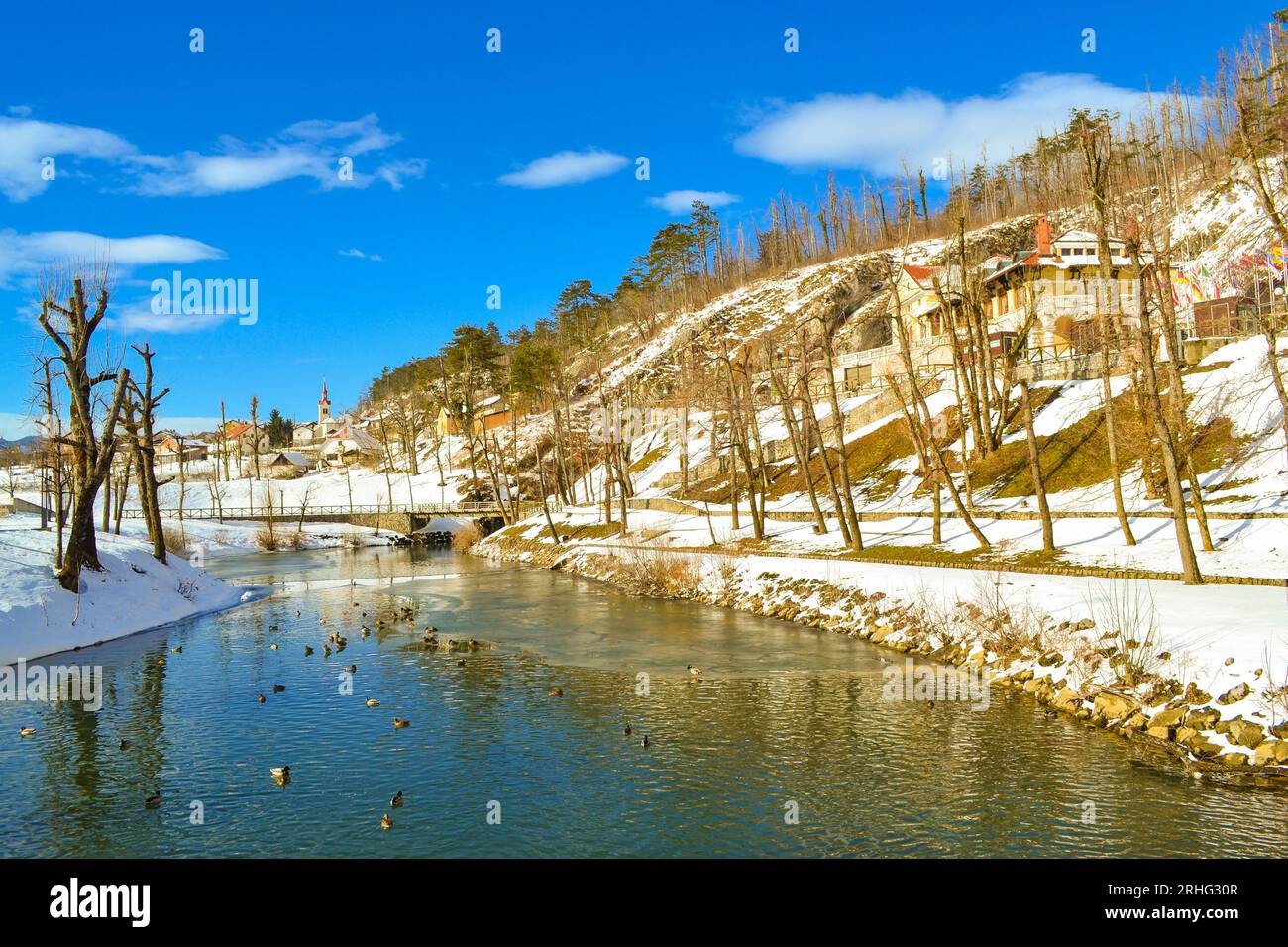 View of Pivka river park on nice winter day.It is a karst lost river in ...