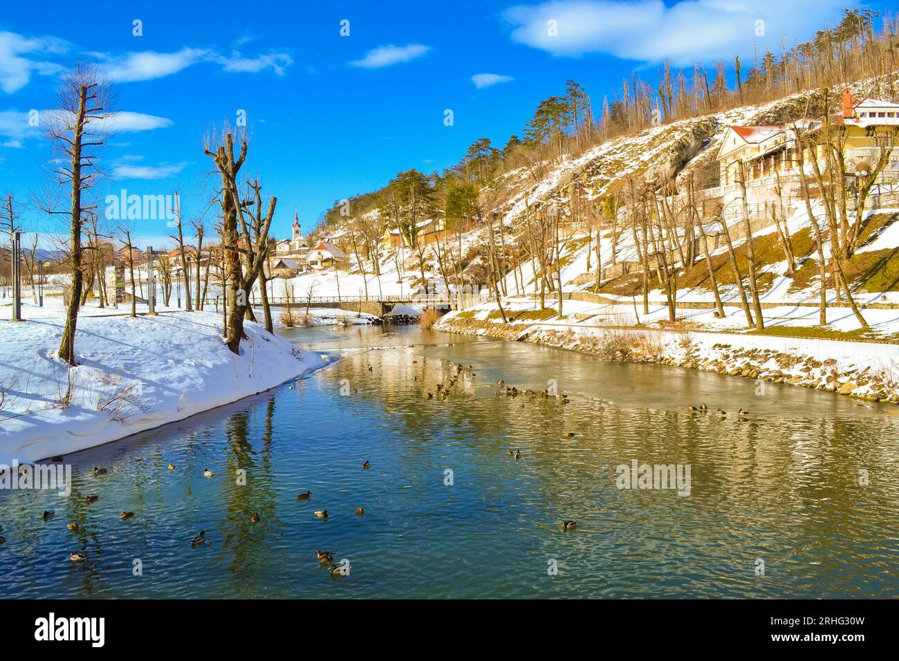 View of Pivka river park on nice winter day.It is a karst lost river in ...