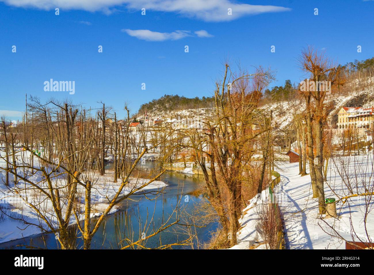 View of Pivka river park on nice winter day.It is a karst lost river in ...