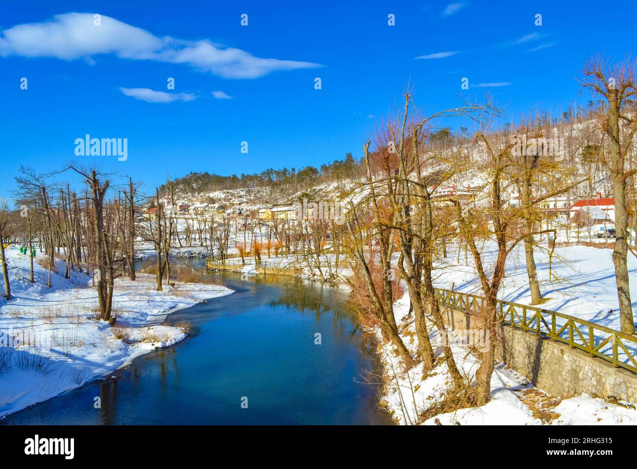 View of Pivka river park on nice winter day.It is a karst lost river in ...