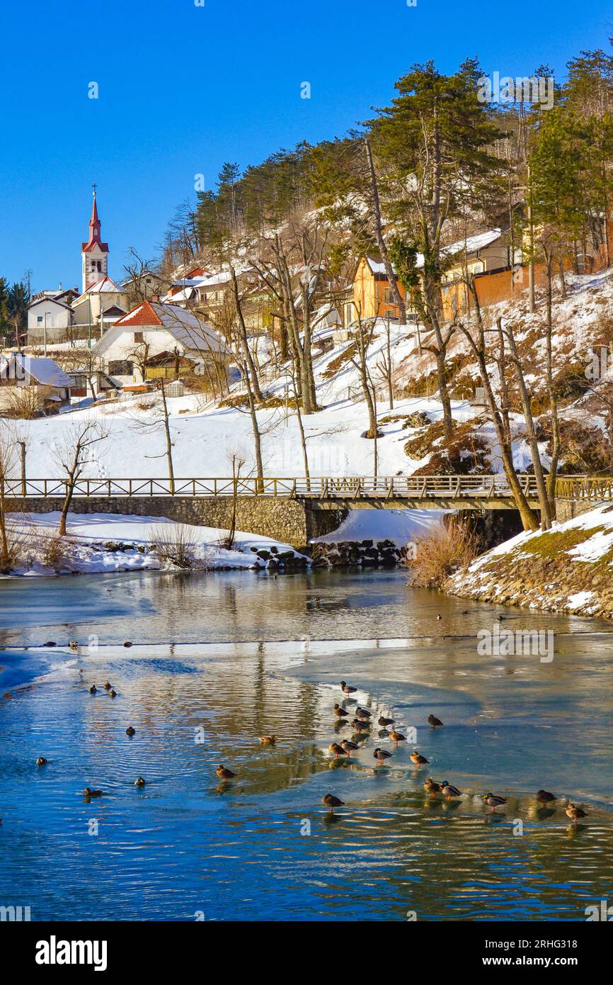 View of Pivka river park on nice winter day.It is a karst lost river in ...