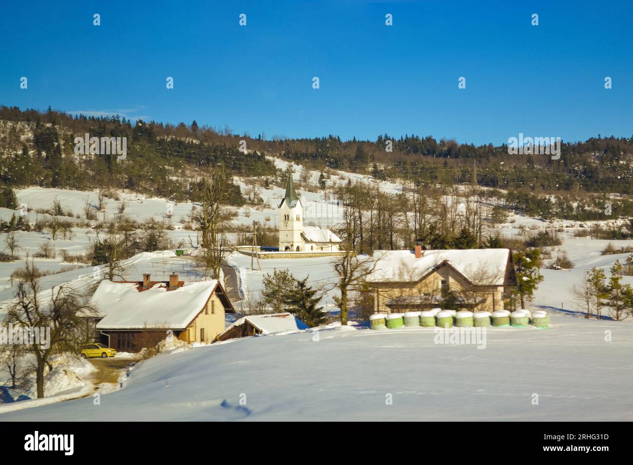 Slovenian village on sunny winter day seen from European route E61 in ...