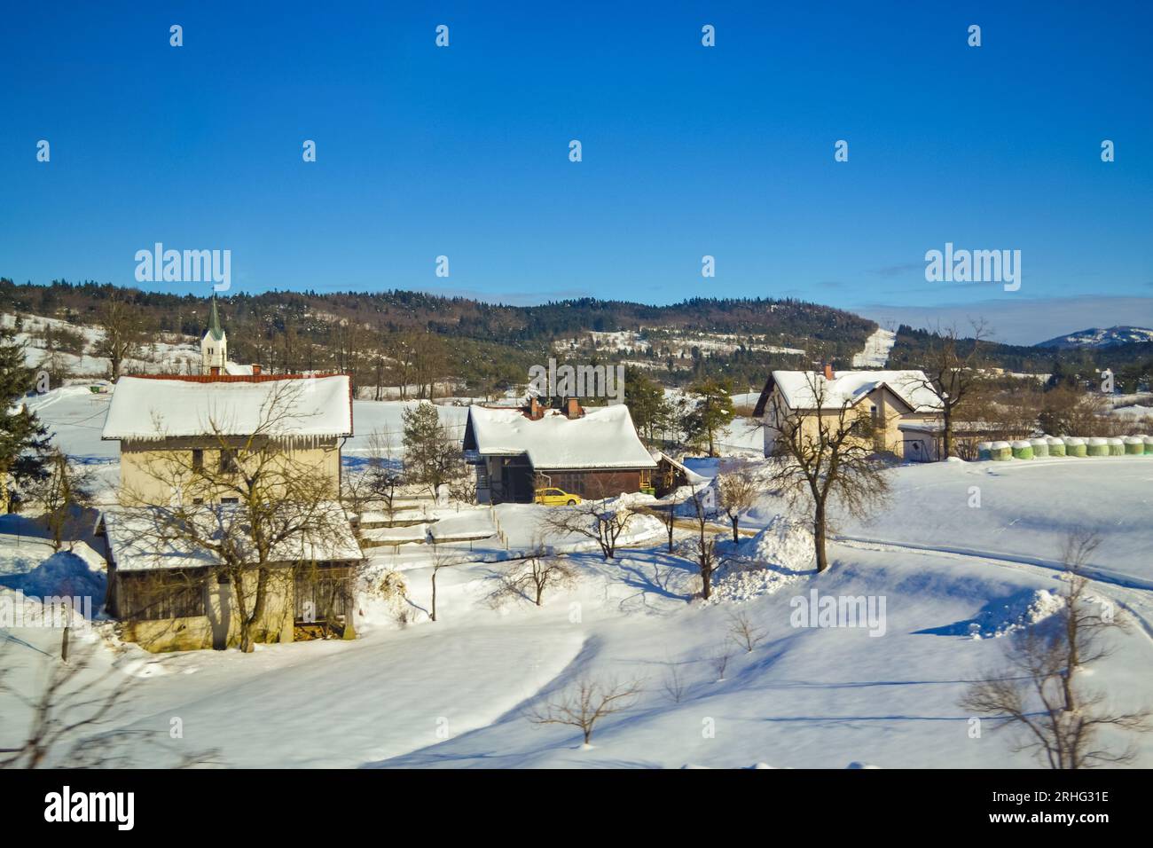 Slovenian village on sunny winter day seen from European route E61 in ...