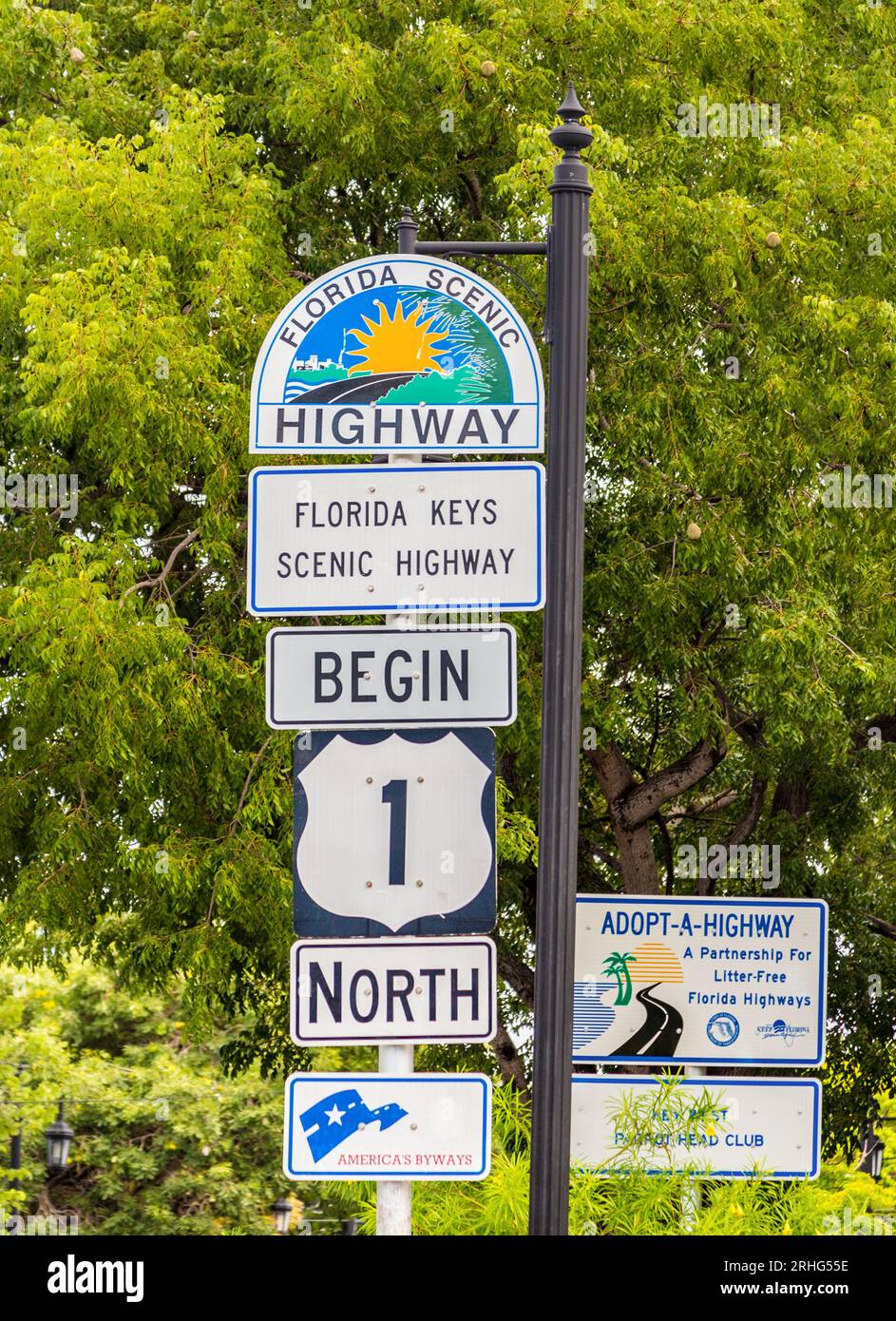 Key West, USA - August 26, 2014: Mile Zero in Key West, highway sign ...