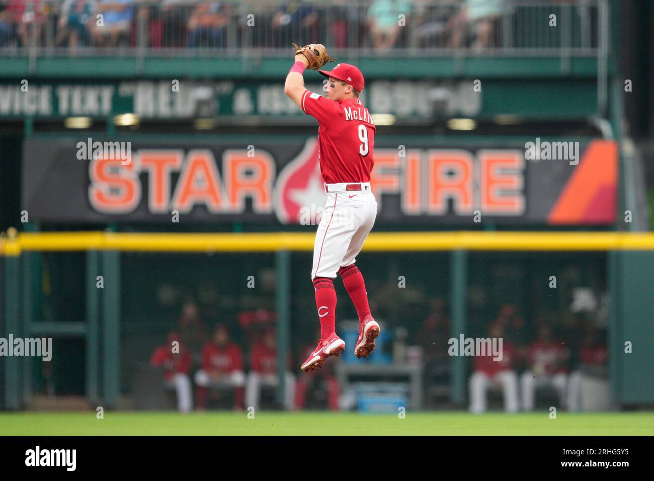 Cincinnati Reds second baseman Matt McLain (9) catches a line drive hit ...