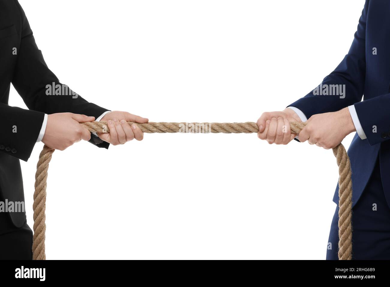 Dispute concept. Men pulling rope on white background, closeup Stock ...