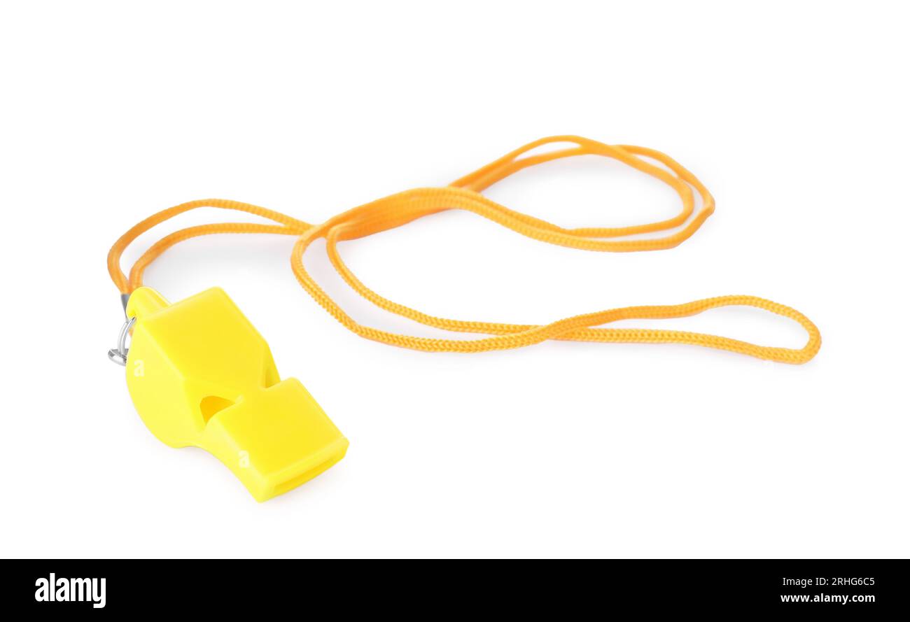 One yellow whistle with orange cord isolated on white Stock Photo - Alamy