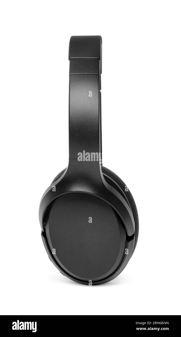 Modern black wireless headphones isolated on white Stock Photo - Alamy