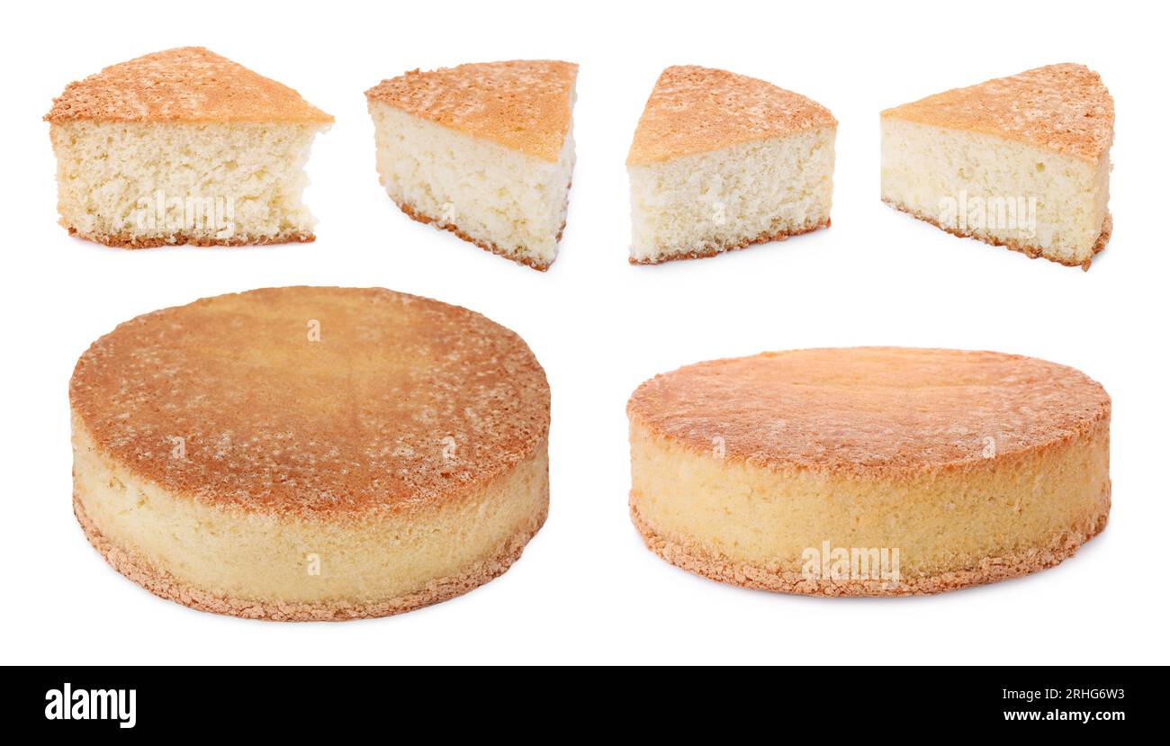 Tasty sponge cake isolated on white. Collage design Stock Photo - Alamy