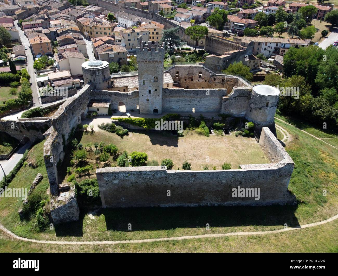 Aerial view of the castle of Staggia also called Rocca di Staggia ...