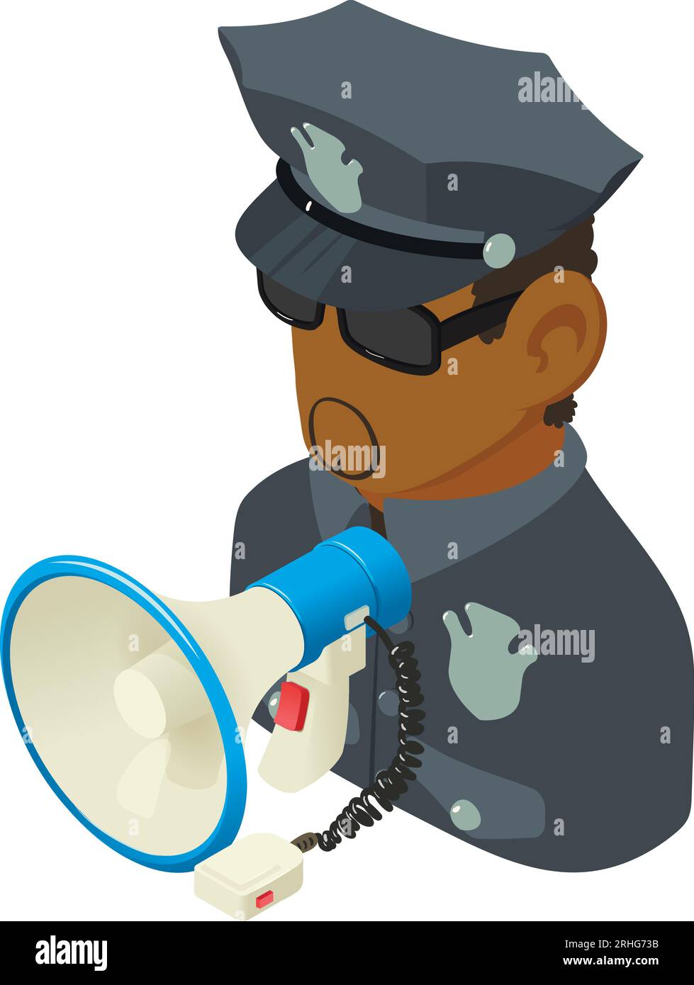 Officer speech icon isometric vector. Male officer character with ...