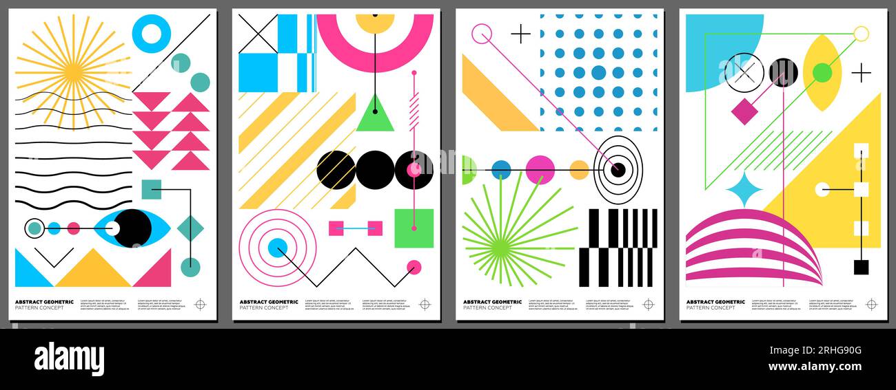 Abstract brutalism poster set with memphis geometric shapes on white ...