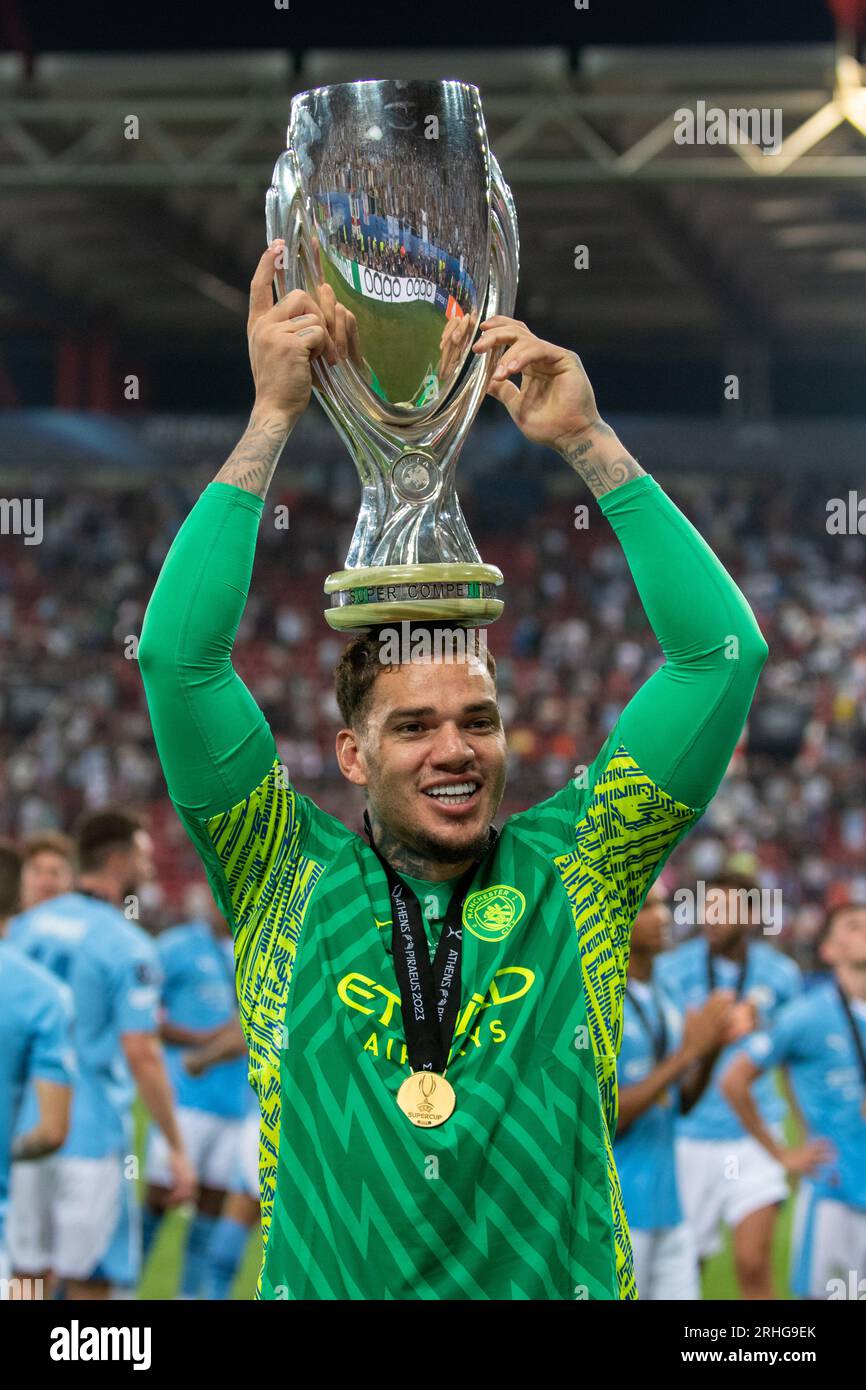 Piraeus, Greece. 17th Aug, 2023. Ederson of Manchester City celebrates ...