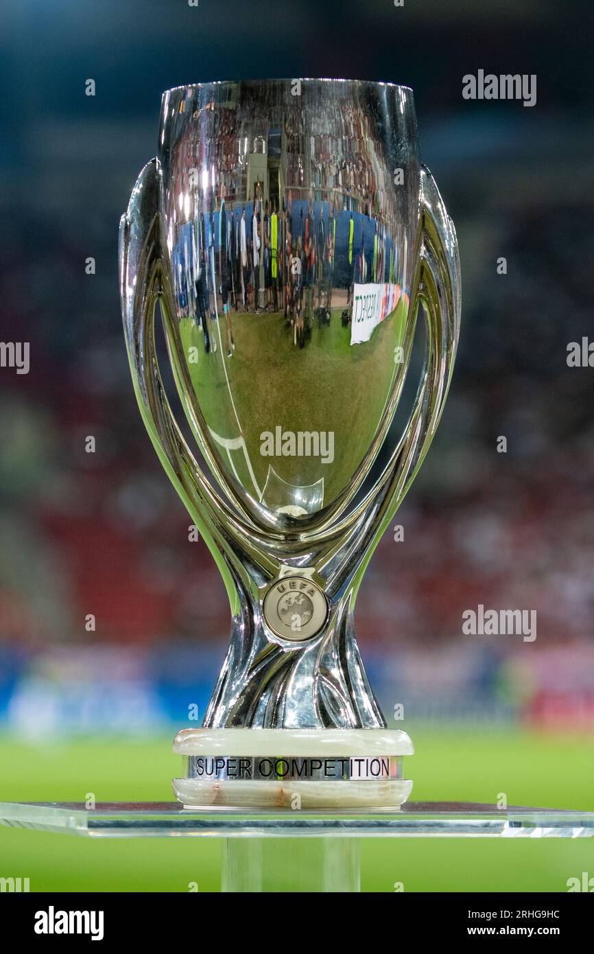 Piraeus, Greece. 16th Aug, 2023. The UEFA Super Cup trophy during the ...