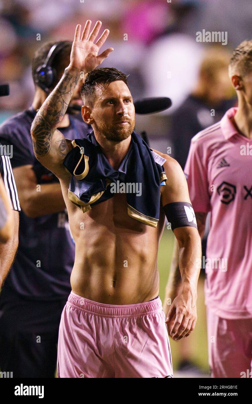 Inter Miami's Lionel Messi waves to the crowd as he walks off the field ...