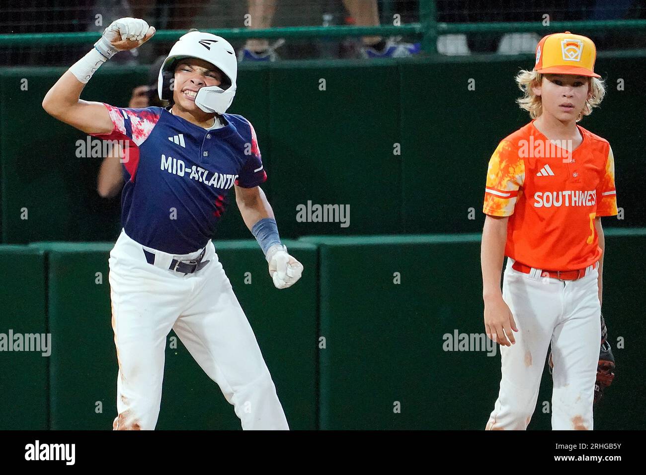 Media, Pa.'s Christian Nunez (5) celebrates after hitting a triple as ...