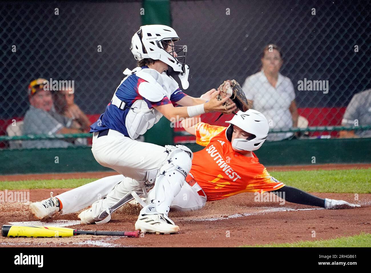 Media, Pa.'s catcher Nathaniel Saleski (4) fields the throw as ...