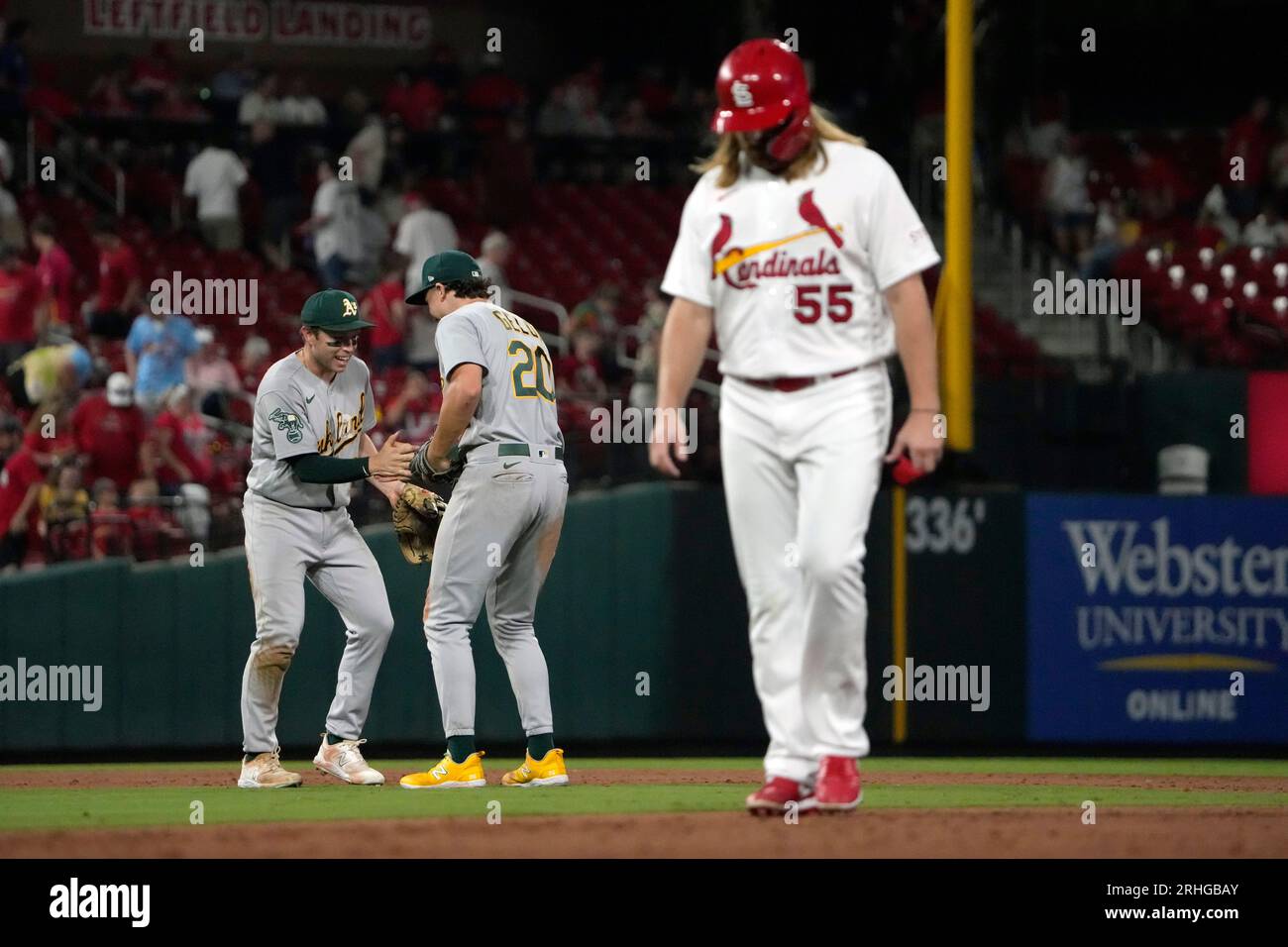 St. Louis Cardinals' Taylor Motter (55) walks off the field as Oakland ...