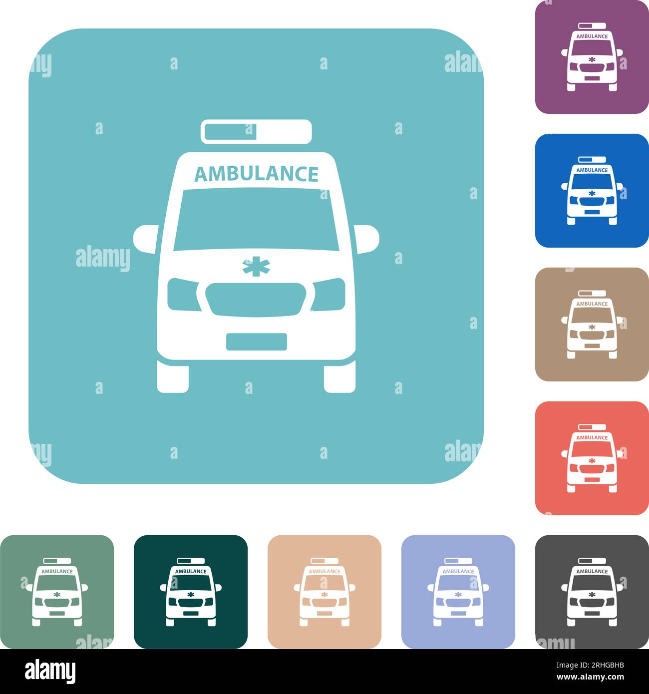 Ambulance car front view white flat icons on color rounded square ...