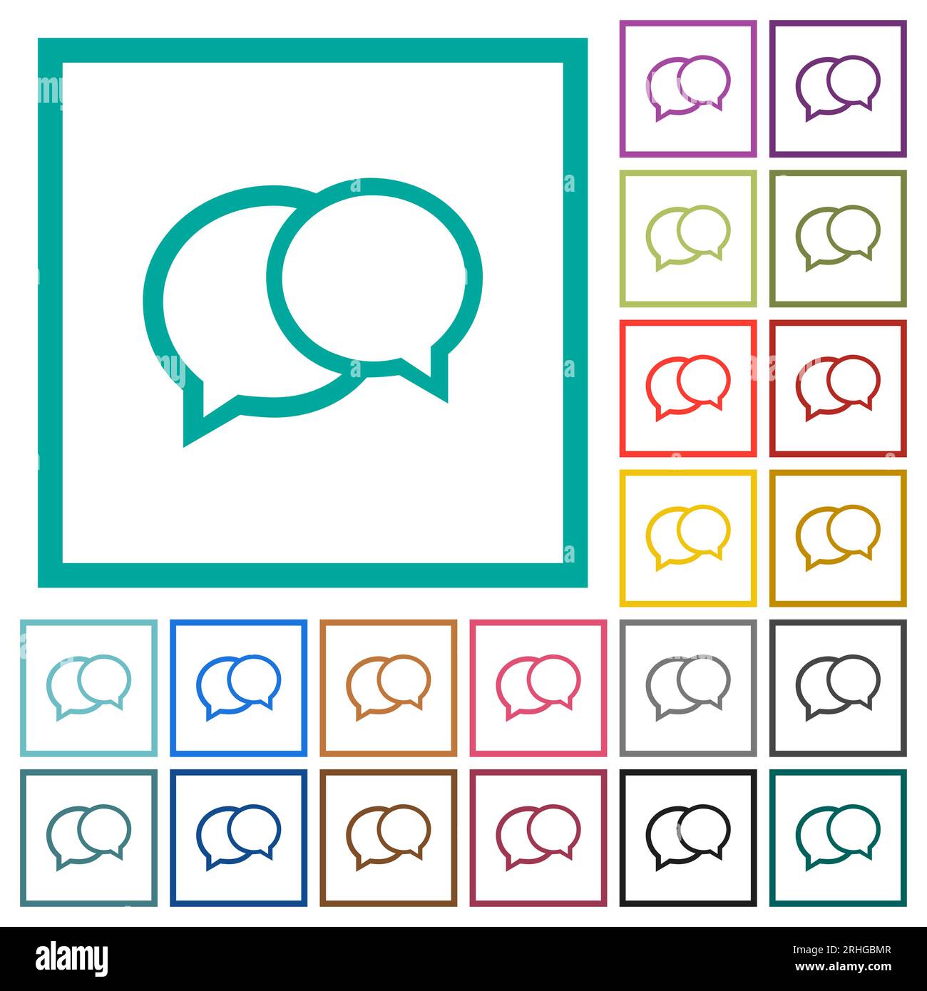 Two oval chat bubbles outline flat color icons with quadrant frames on ...