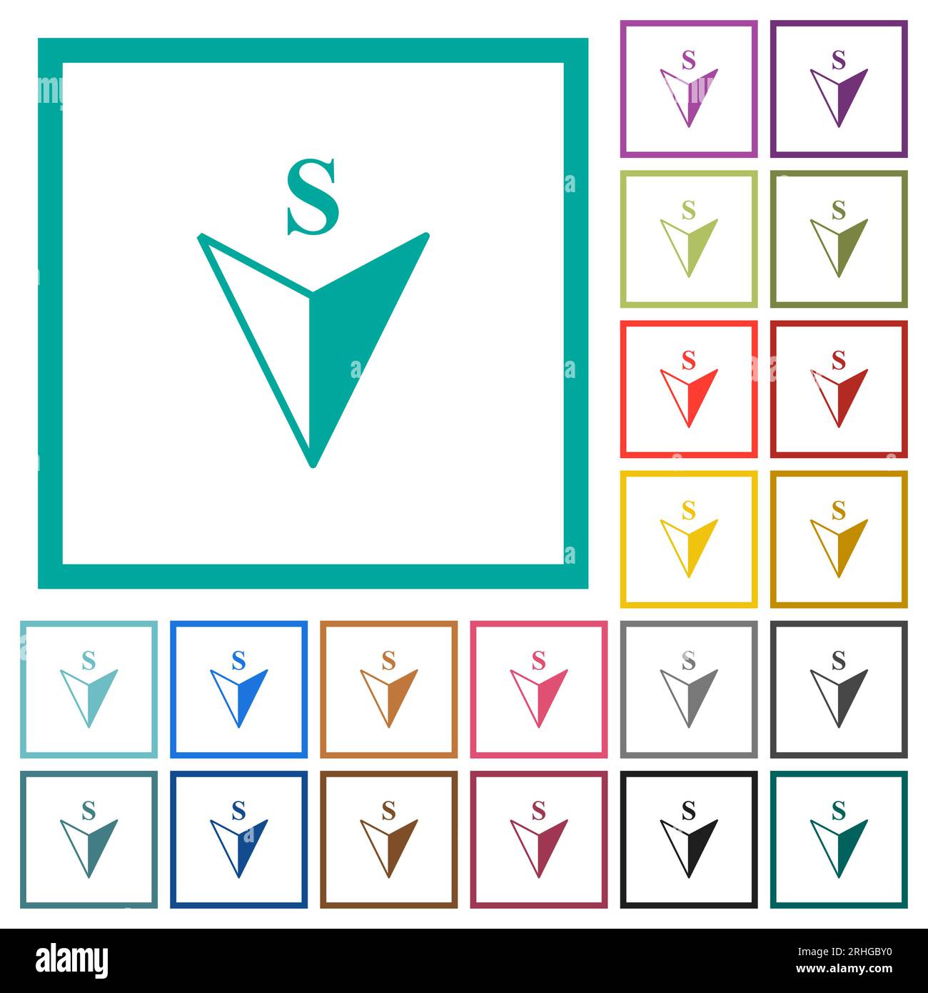 South compass direction flat color icons with quadrant frames on white ...