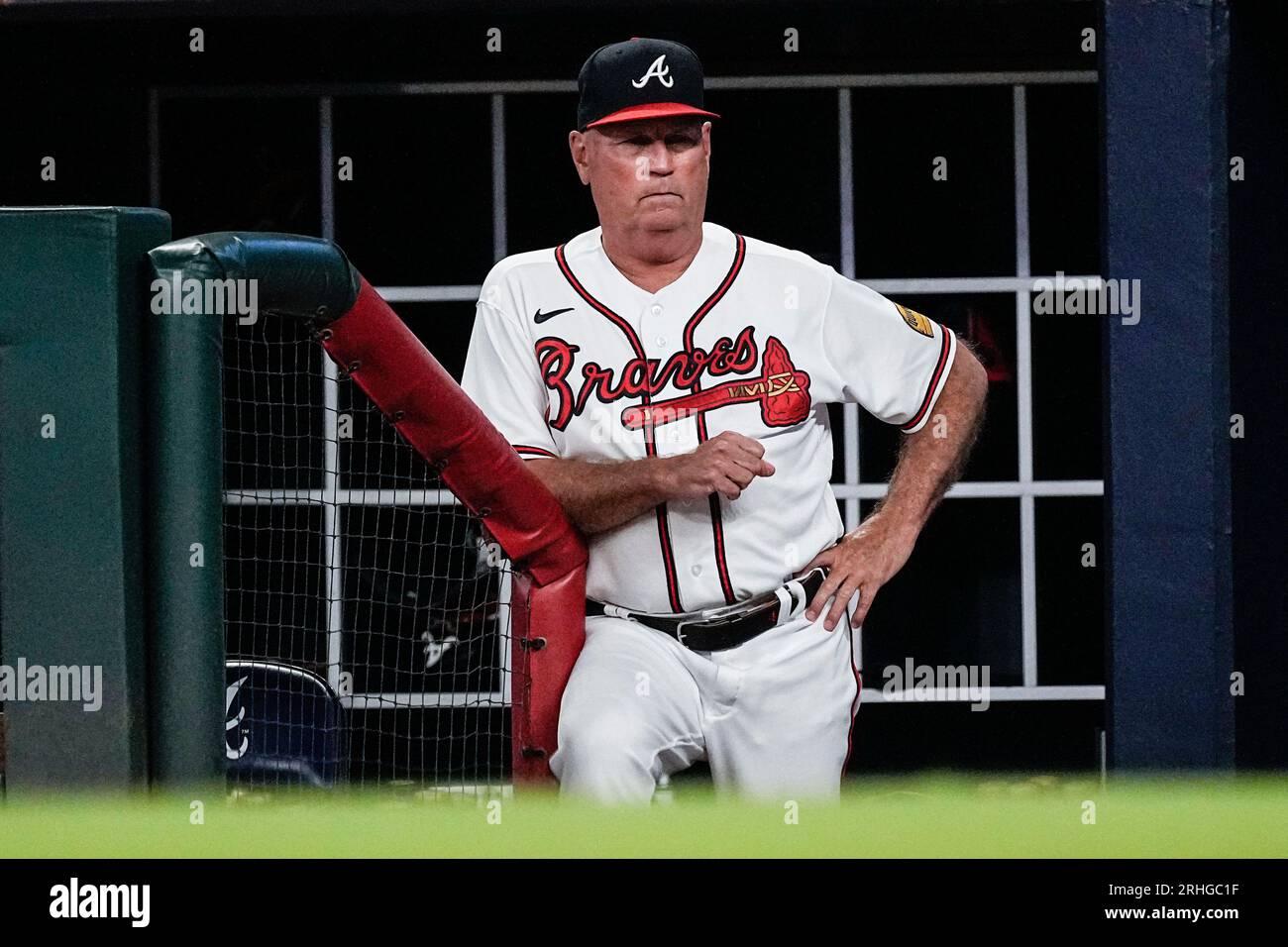 Atlanta Braves manager Brian Snitker watches from the dugout during the ...