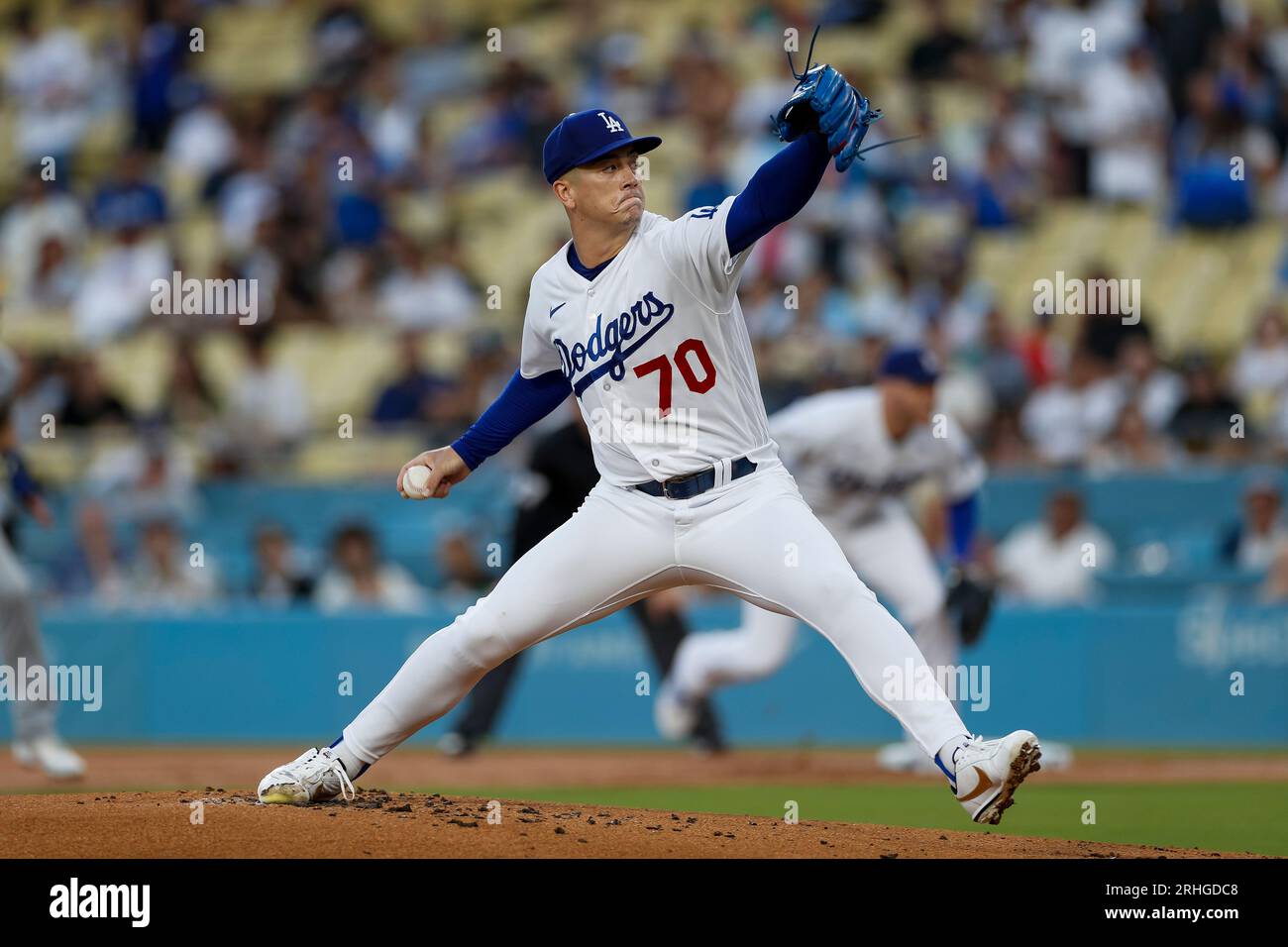 Los Angeles Dodgers starting pitcher Bobby Miller (70) throws to the ...