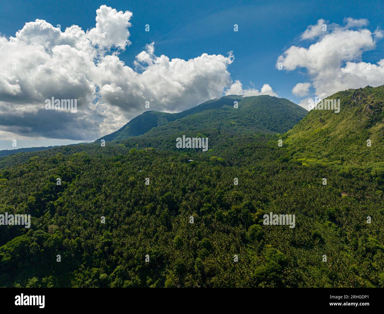 Aerial view of mountain landscape with green hill and forest. Camiguin ...
