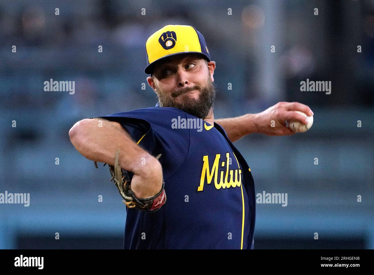 Milwaukee Brewers starting pitcher Wade Miley throws to the plate ...