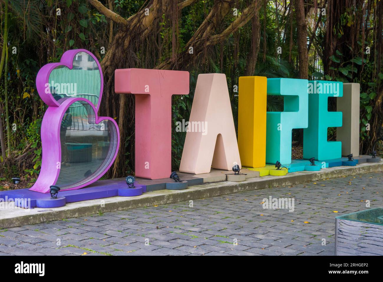 Taipei, Taiwan - March 13, 2023: Night view of the colorful Taipei sign ...
