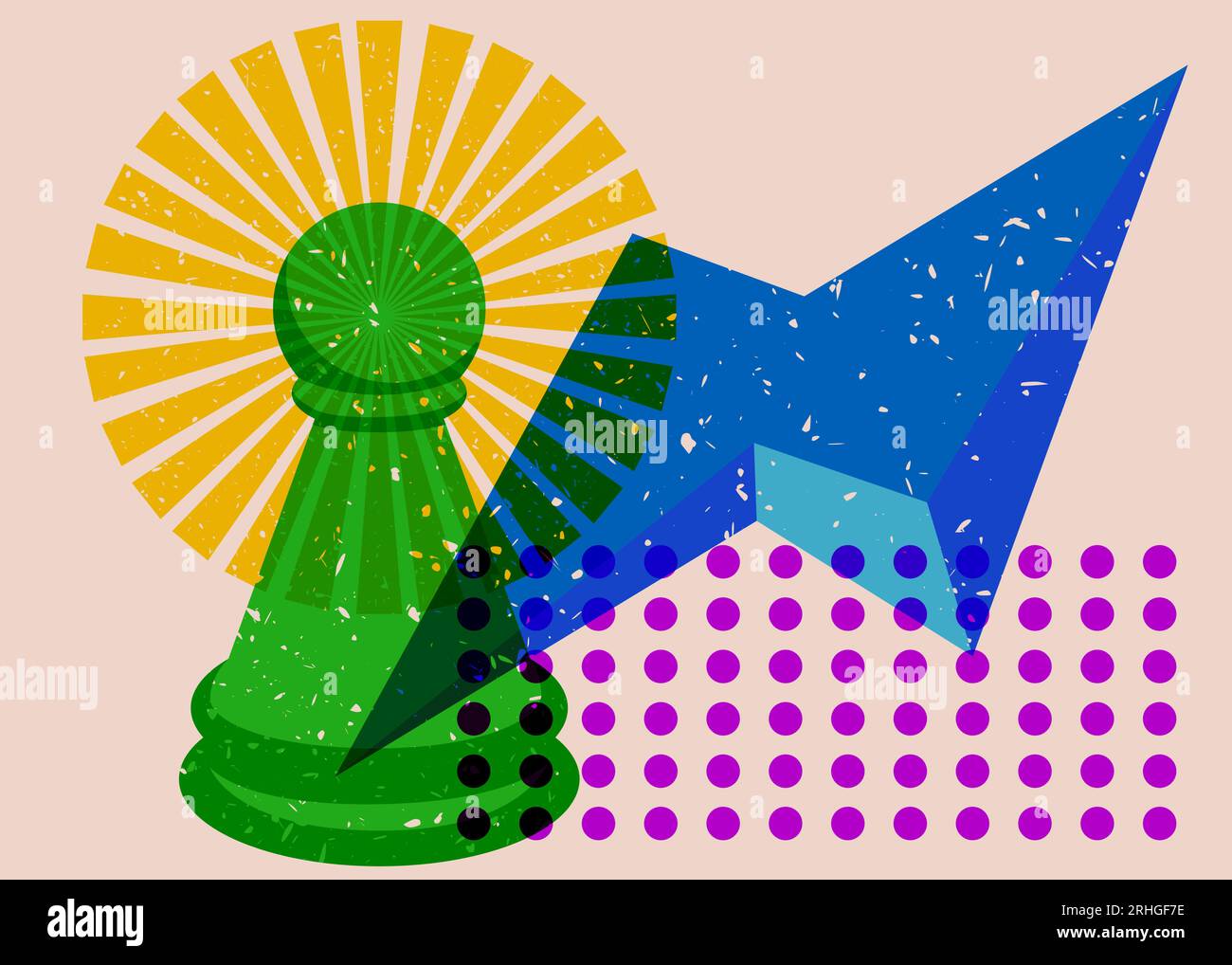 Colorful geometric shapes with pawn, chess piece. Object in trendy riso ...