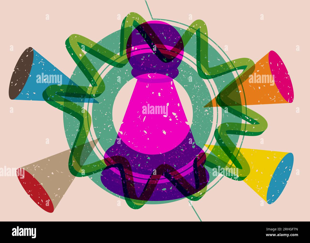 Colorful geometric shapes with pawn, chess piece. Object in trendy riso ...