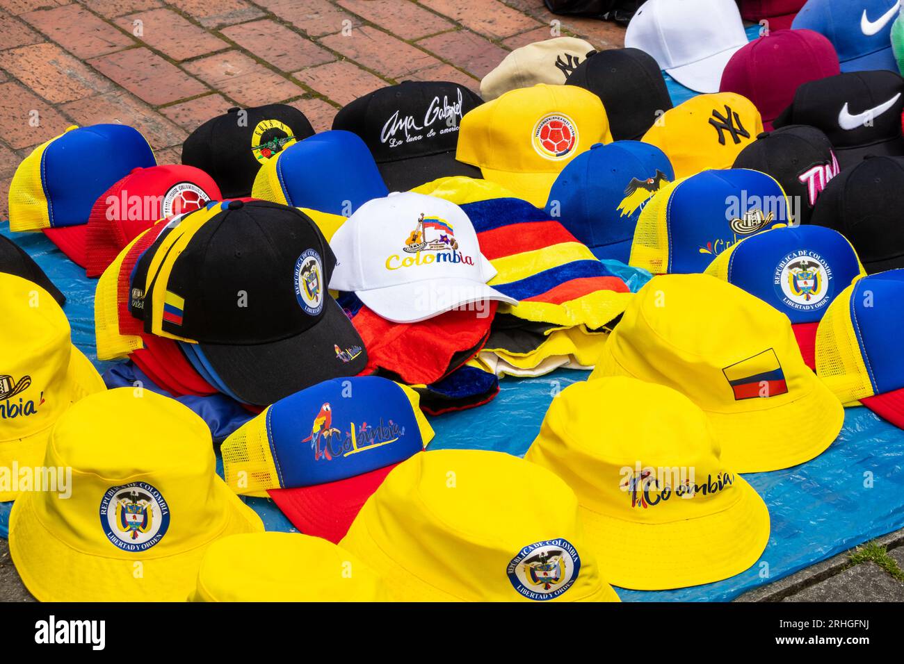 BOGOTA, COLOMBIA - 16 August 2023. Hats and flags for sale for the ...