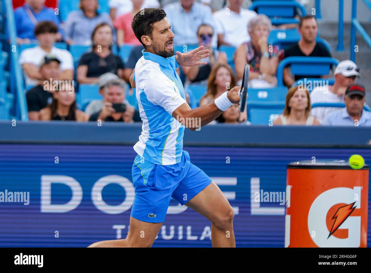 August 16, 2023, Mason, Ohio, USA: Novak Djokovic (SRB) hits a forehand ...
