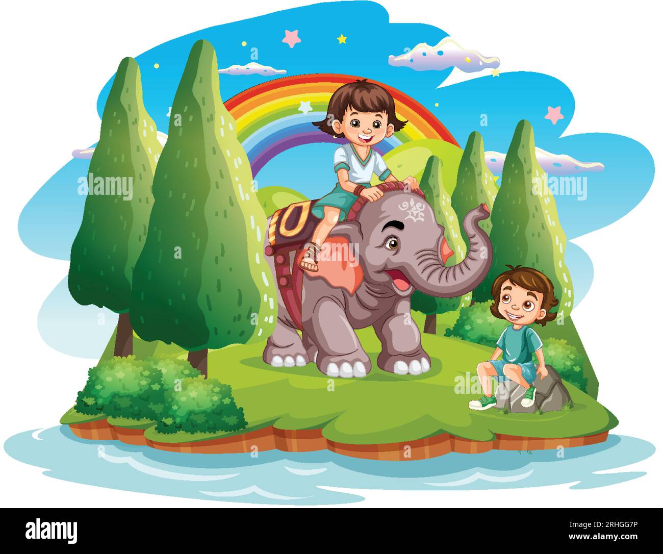 Children riding elephant on island illustration Stock Vector Image ...