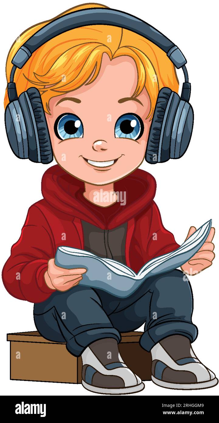 Boy reading a book and wearing headset illustration Stock Vector Image ...