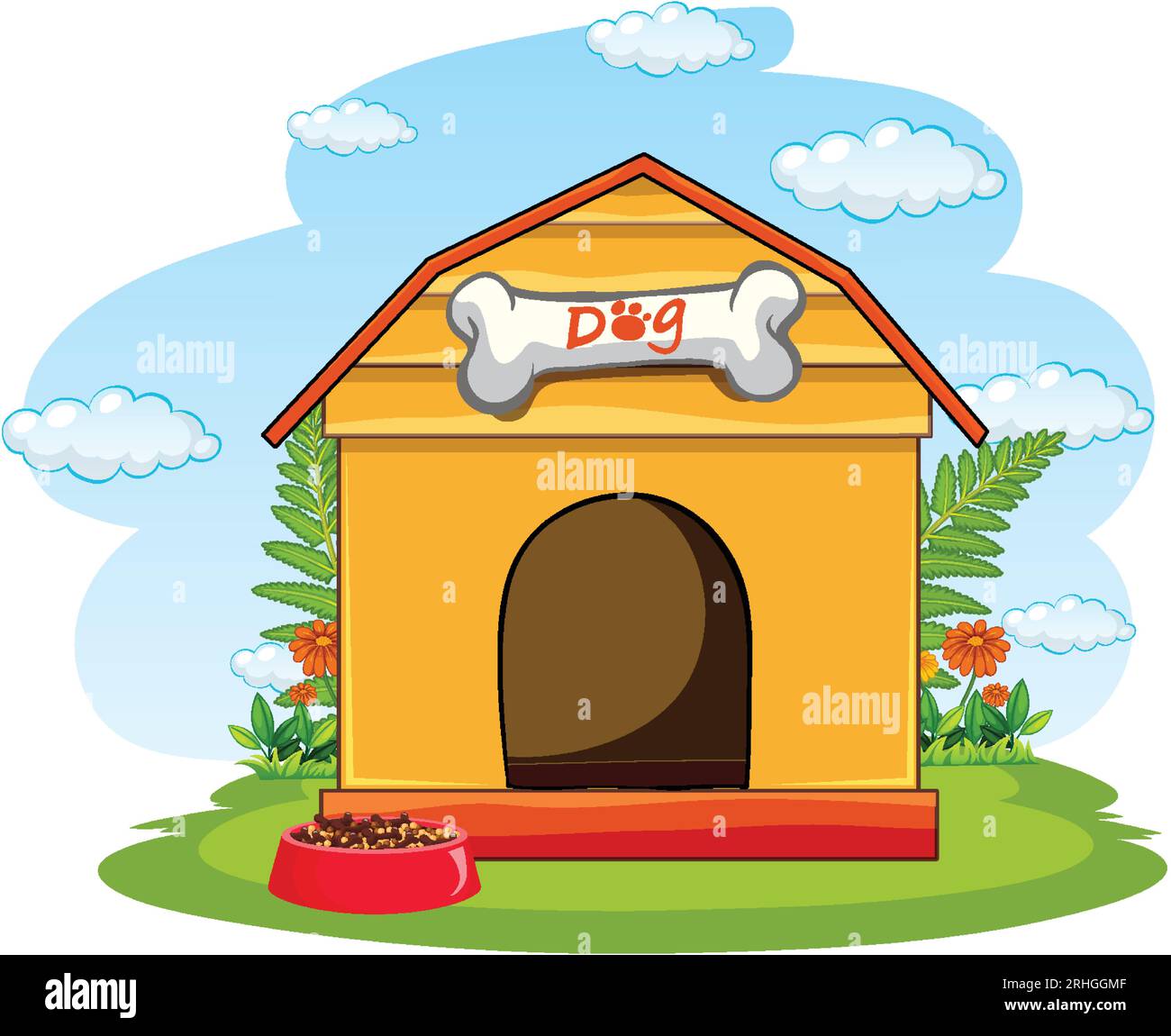 A cheerful cartoon illustration of a dog house in a garden Stock Vector ...