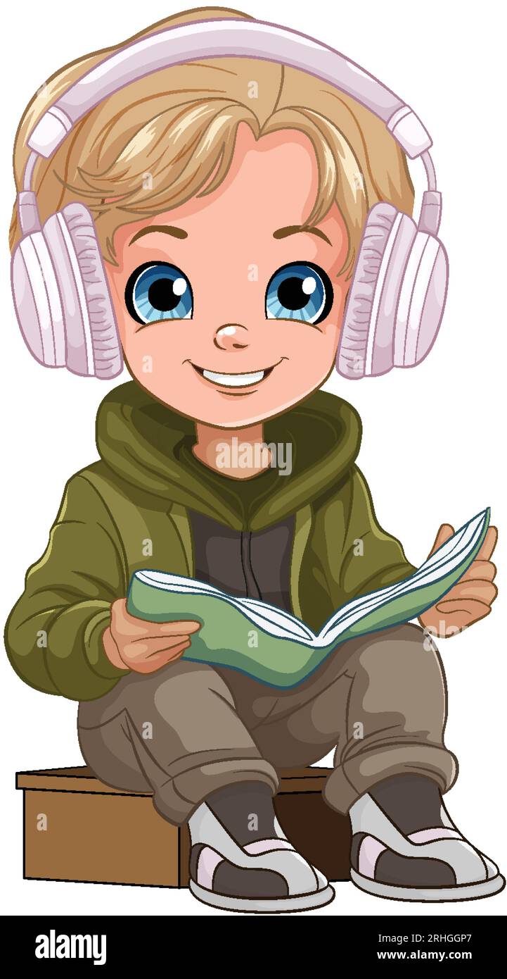 Boy reading a book and wearing headset illustration Stock Vector Image ...