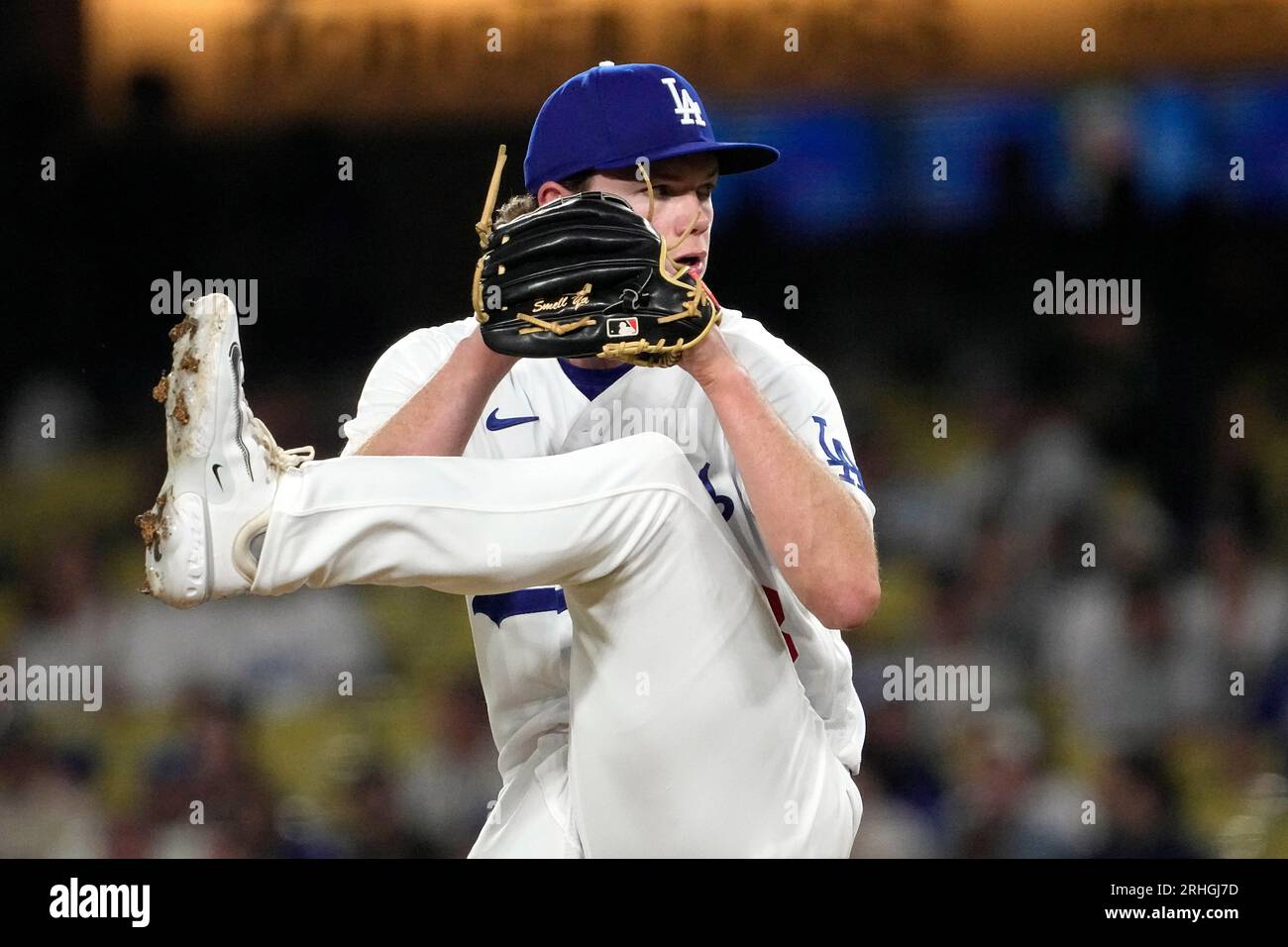 Los Angeles Dodgers relief pitcher Gus Varland throws to the plate ...
