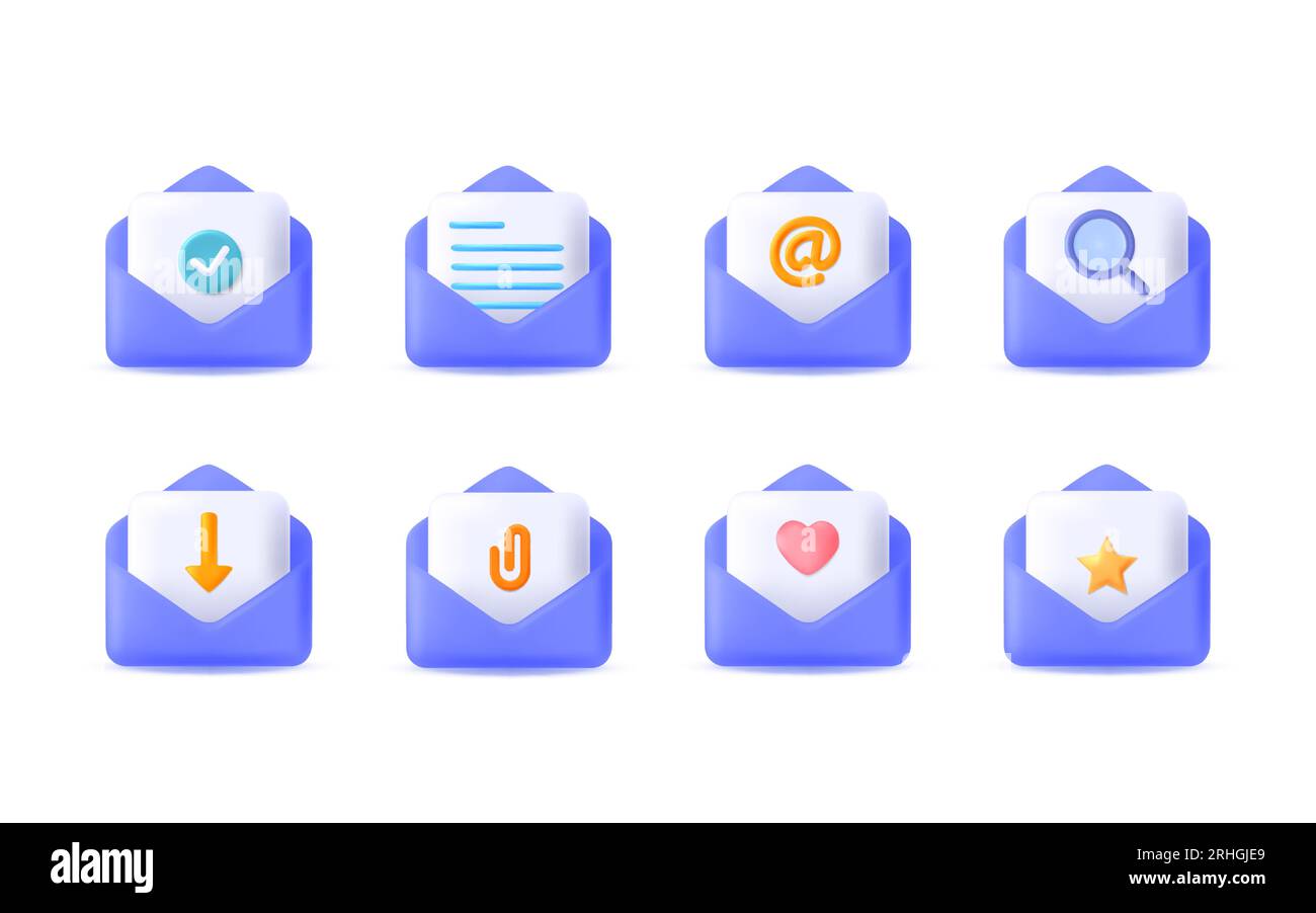 Set of 3d open mail envelope vector icon illustration. Message notification, check mark, paper ...