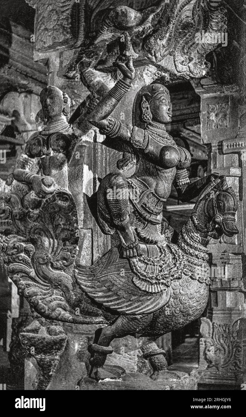 Vintage Black and White photo of Rathi Devi goddess of beauty 1000 pillaras Madurai Tamil Nadu ...