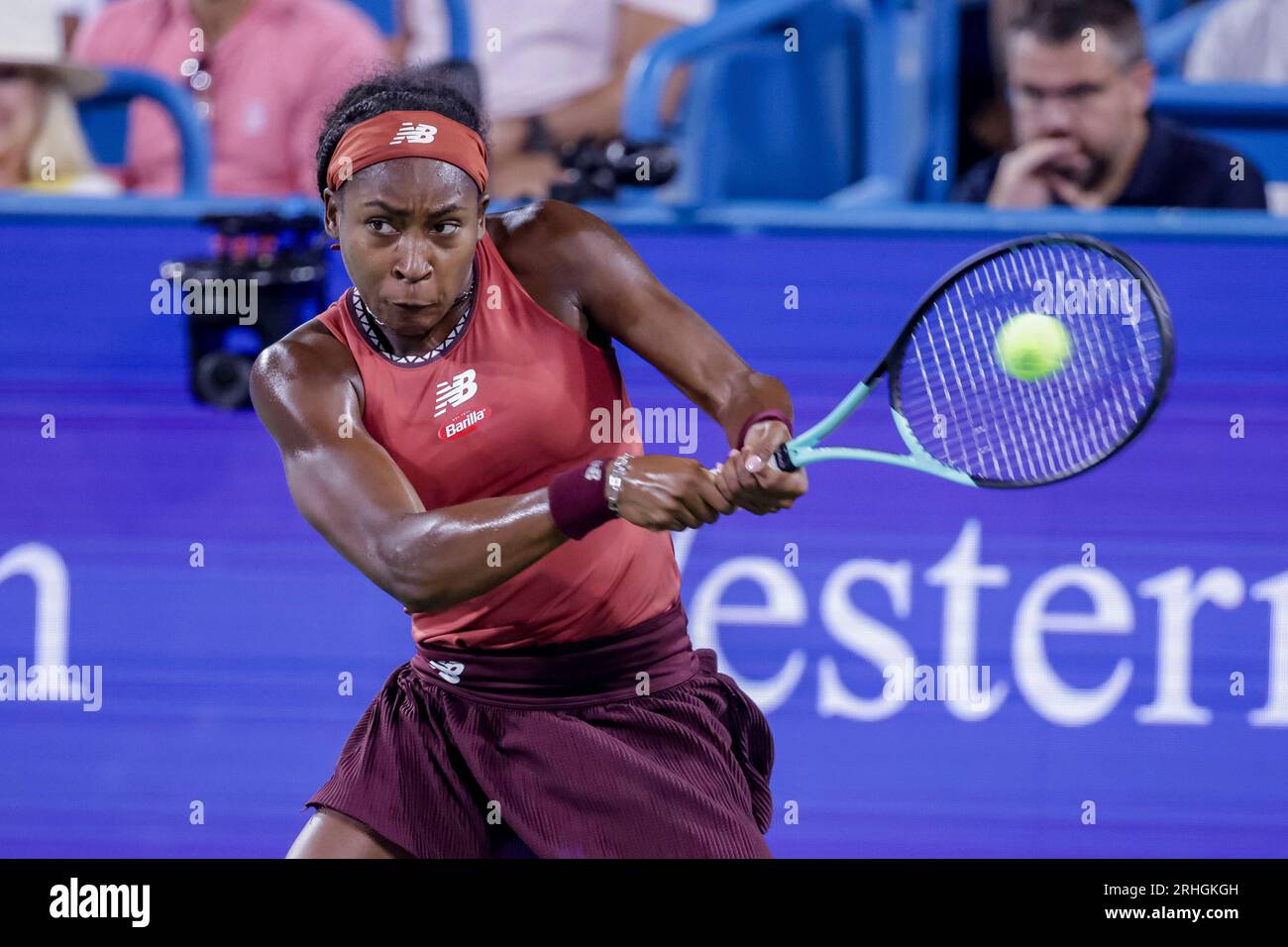 August 16, 2023, Mason, Ohio, USA: Coco Gauff (USA) hits a two-handed ...