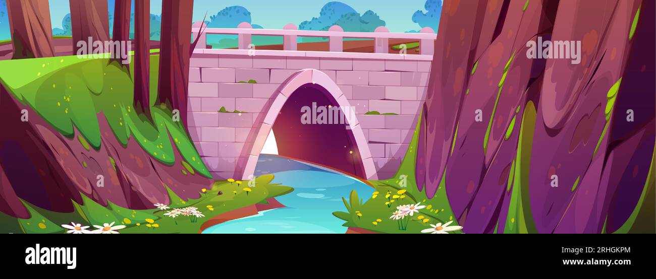 Stone bridge across river in forest. Vector cartoon illustration of ...
