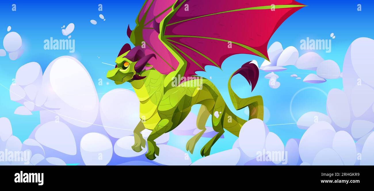 Green dragon with pink wings flying above clouds. Vector cartoon ...