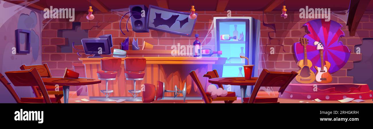 Abandoned bar counter and messy interior cartoon illustration. Broken ...