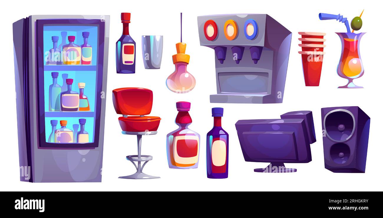 Equipment, furniture and drinks for bar counter of cafe, restaurant, or ...