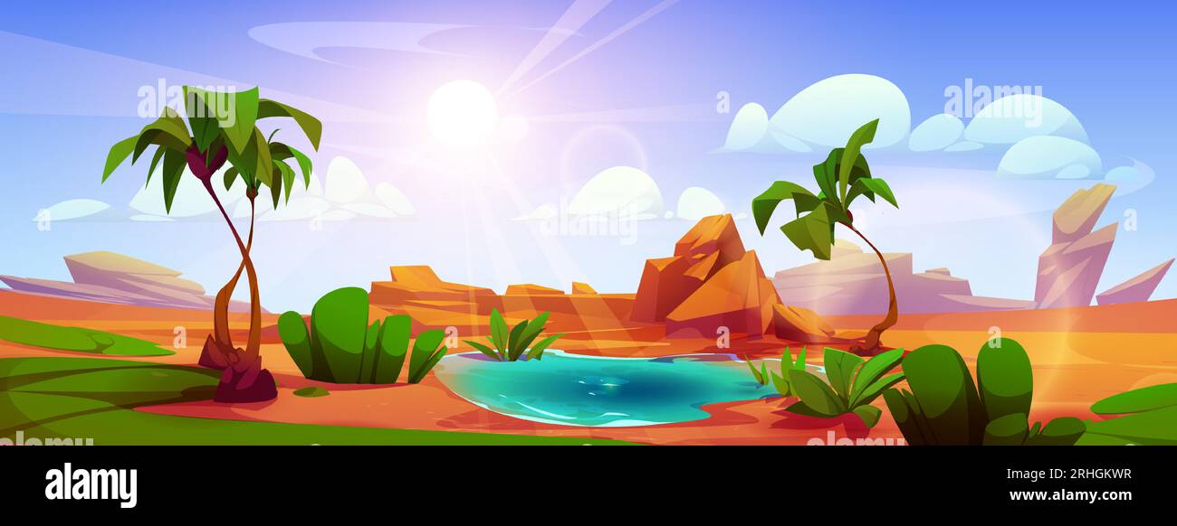 Water puddle and palm trees in hot desert. Vector cartoon illustration ...