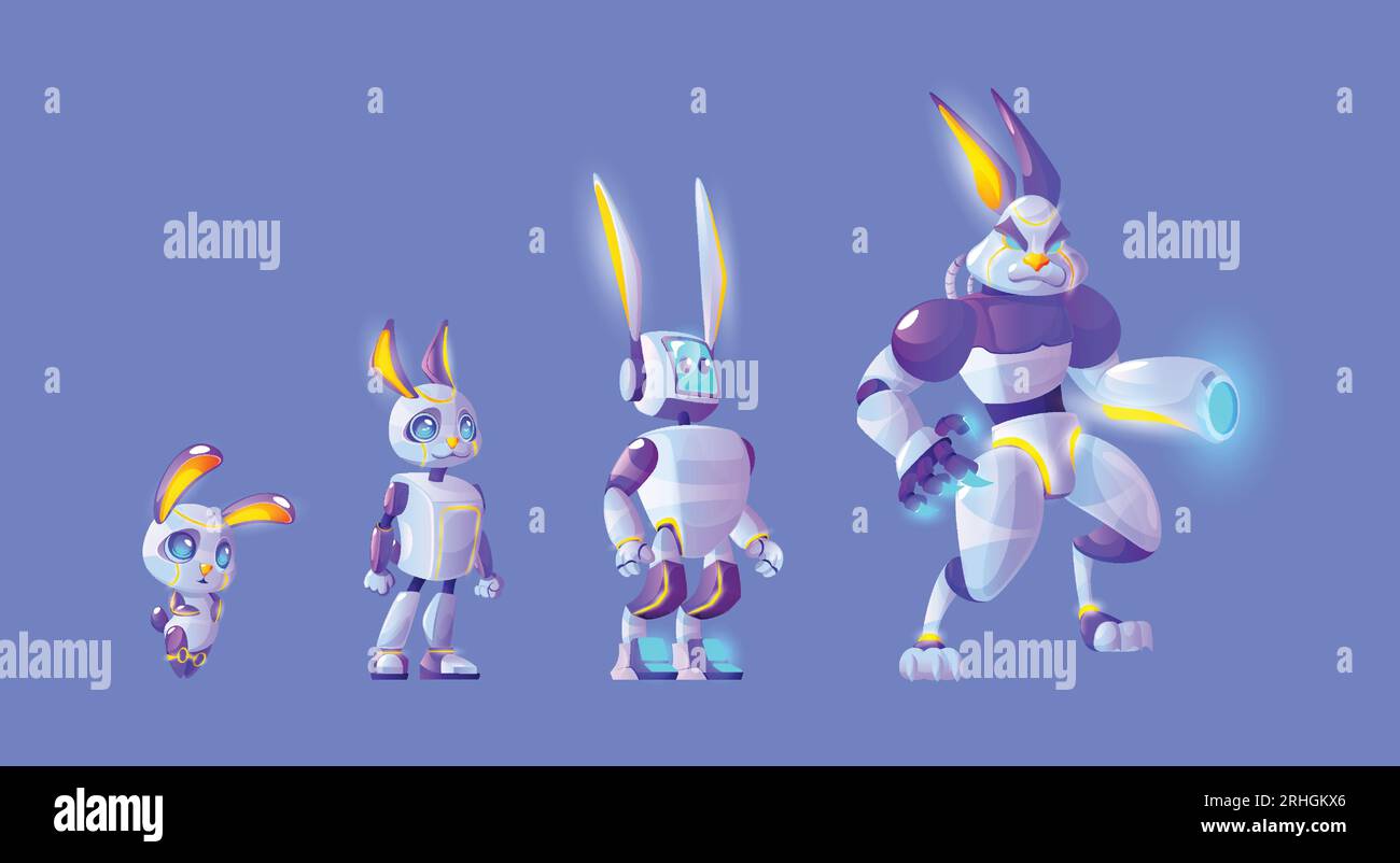 Cute ai robot level evolution vector tech character. Technology upgrade for electronic ...