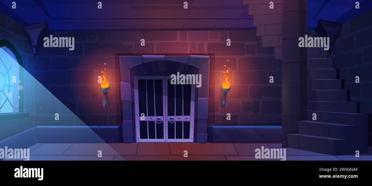 Castle medieval prison with stone wall. Game dungeon room with door and ...